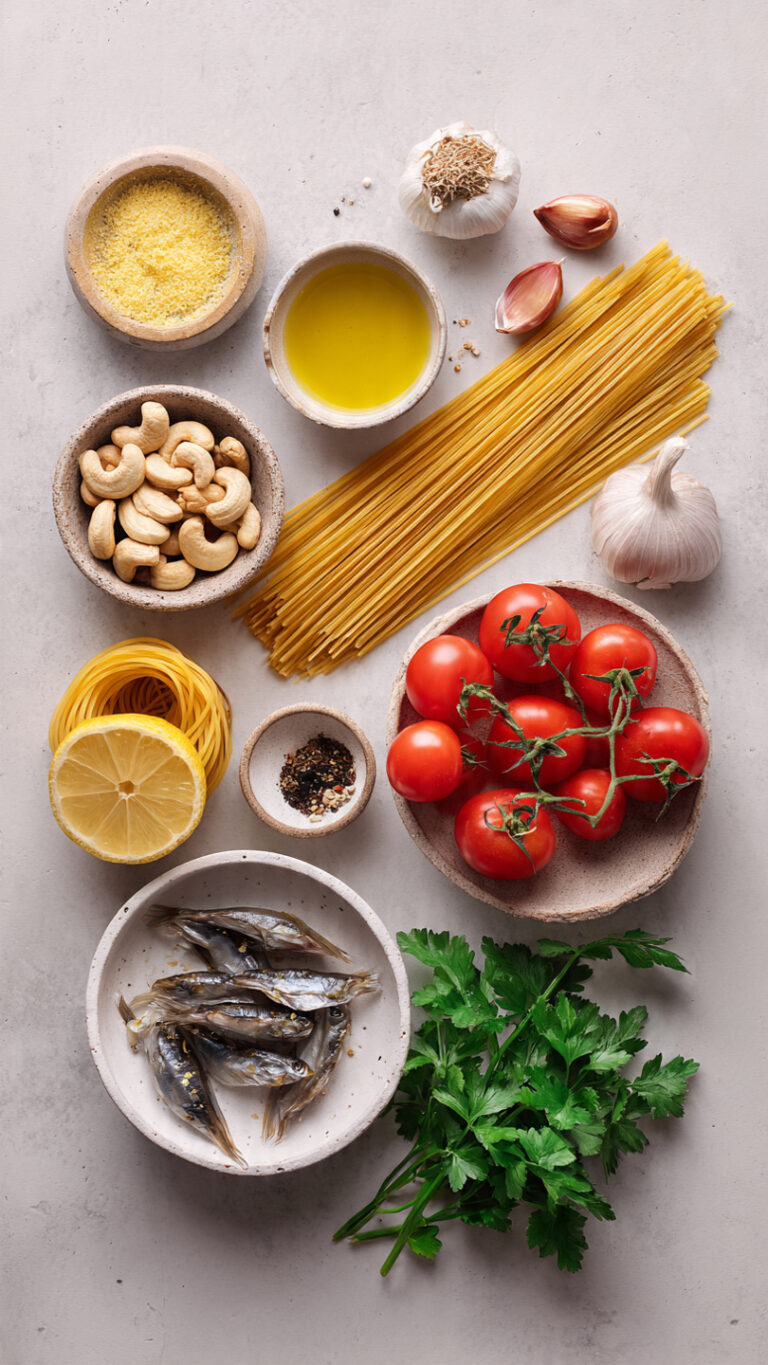 Cashew Alfredo Pasta with Crispy Anchovies - homeasyrecipes
